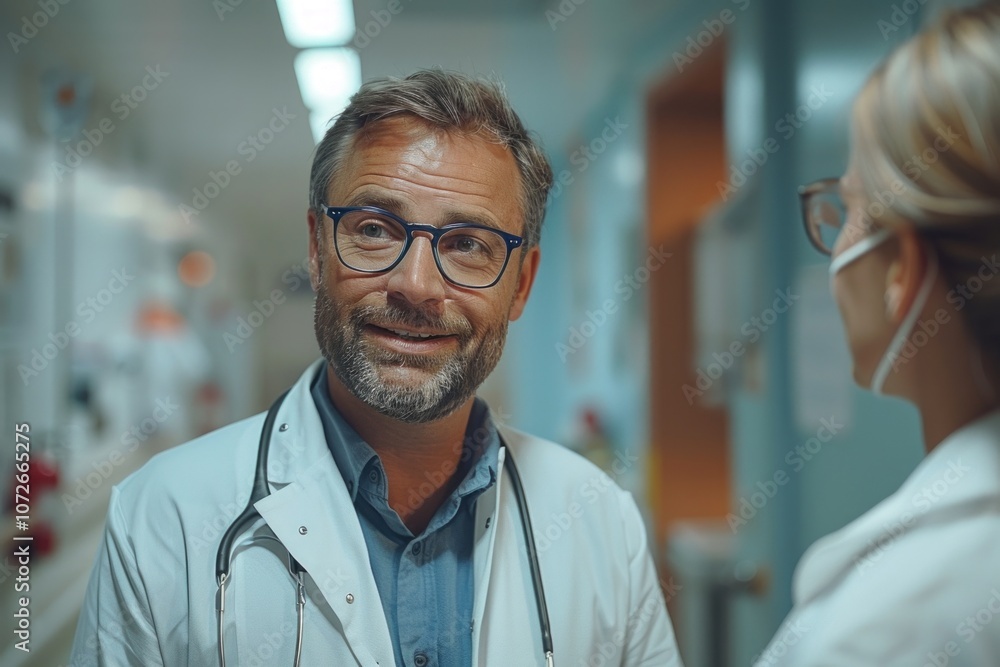 Two healthcare professionals having a conversation in a welllit ...