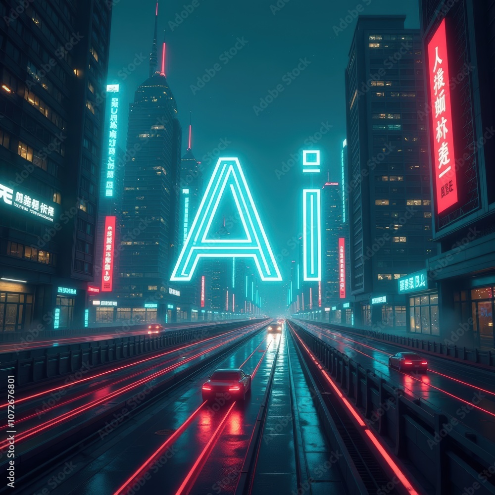 Futuristic cyberpunk city skyline flythrough. Looping 3D Animation. Sci ...