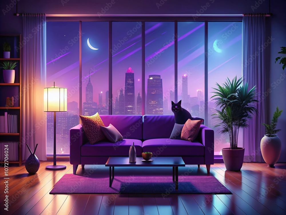 Cozy Nighttime Living Room with Purple Sofa and Cat - Chill Vibe ...