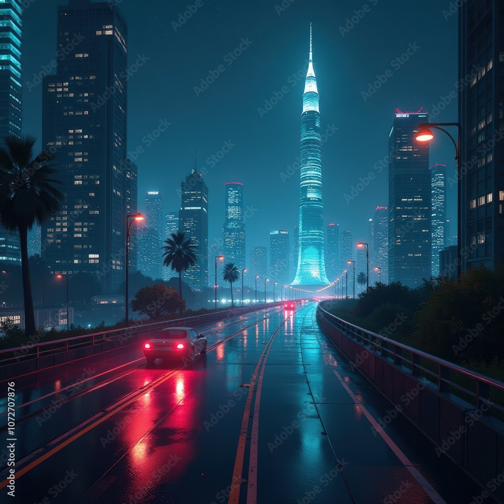 Futuristic cyberpunk city skyline flythrough. Looping 3D Animation. Sci ...