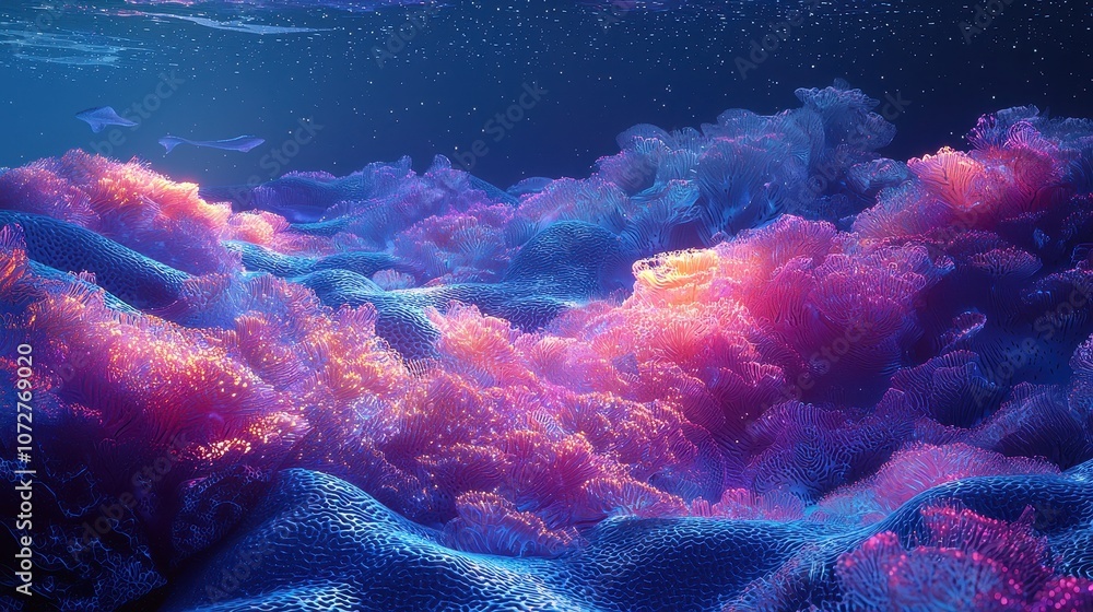 A futuristic ocean with bioluminescent waves and glowing coral reefs ...