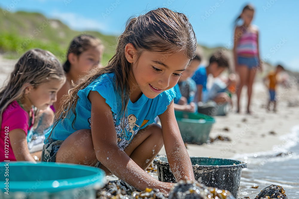 Young children learning about ocean ecosystems at a beach event. Stock ...