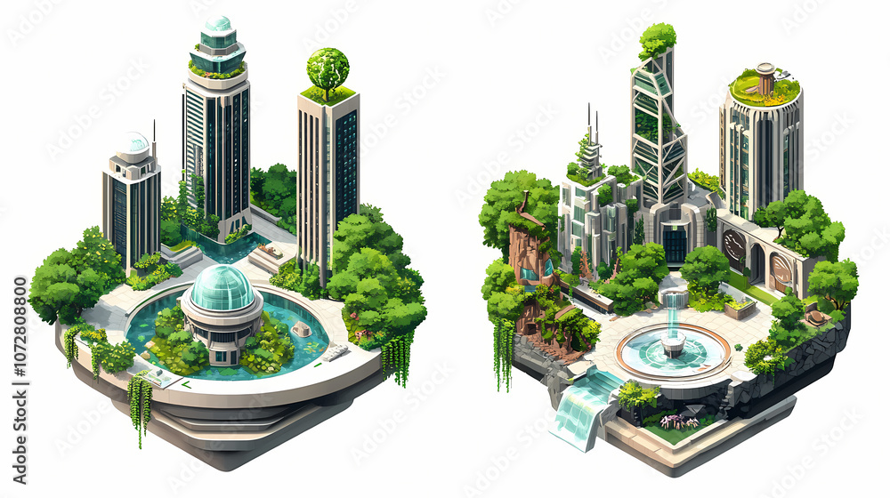 Isometric clean pixel art image of urban oasis, greenery, futuristic ...