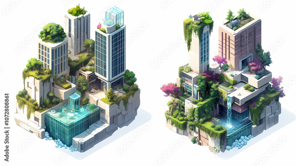 Isometric clean pixel art image of urban oasis, greenery, futuristic ...