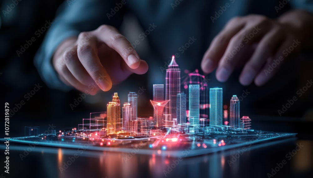 A futuristic model city with glowing buildings and holographic features ...