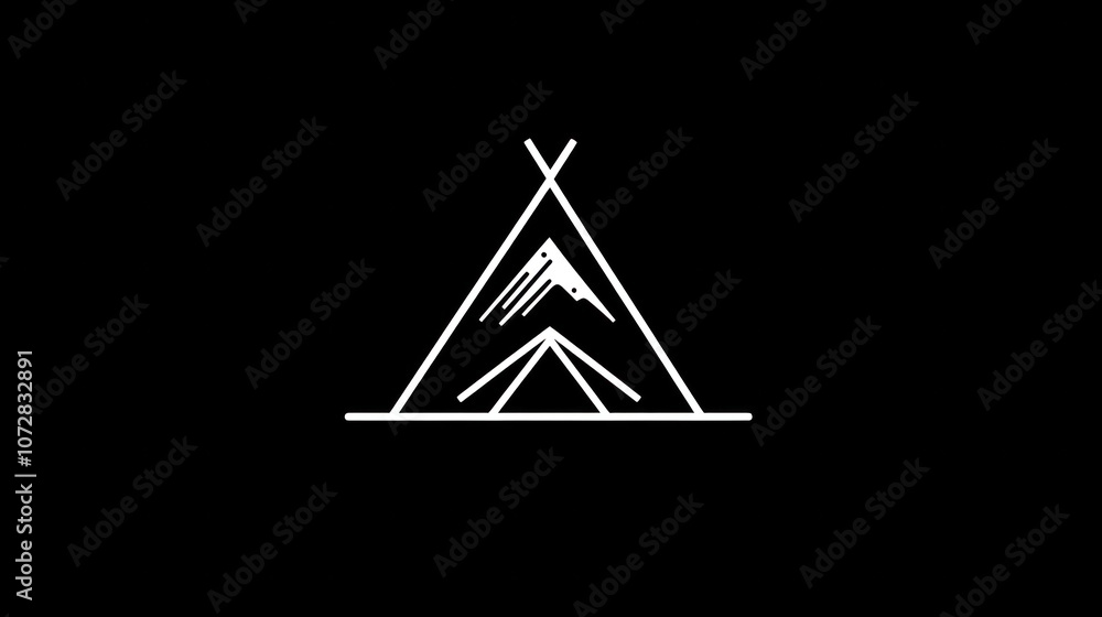 Minimalist line art logo of a tent with mountain peak using geometric ...