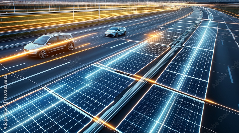 Solar panels integrated into a modern, sleek highway, with electric ...