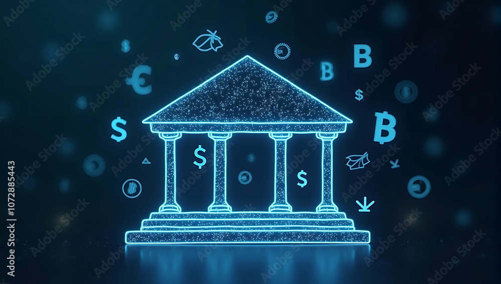 A digital bank building icon overlaid with various digital currency ...