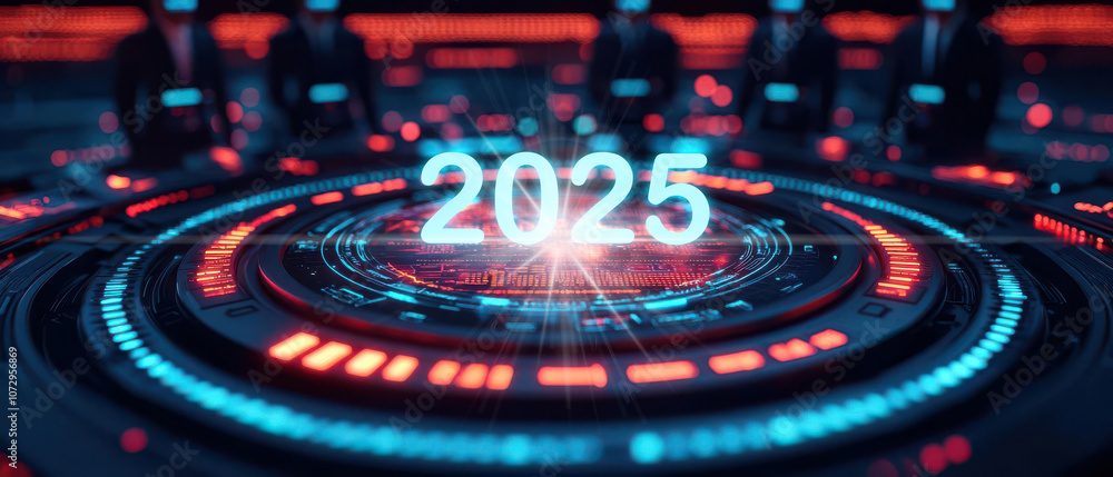 Executive team setting 2025 operations objectives, holographic display ...