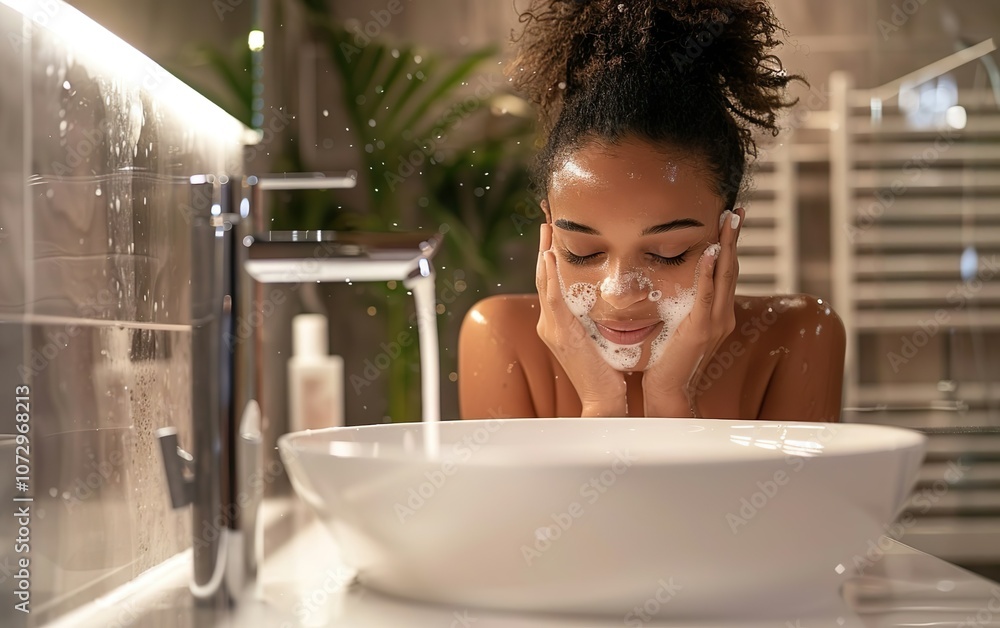 Happy black woman washing face with closed eyes using cleanser foam in ...