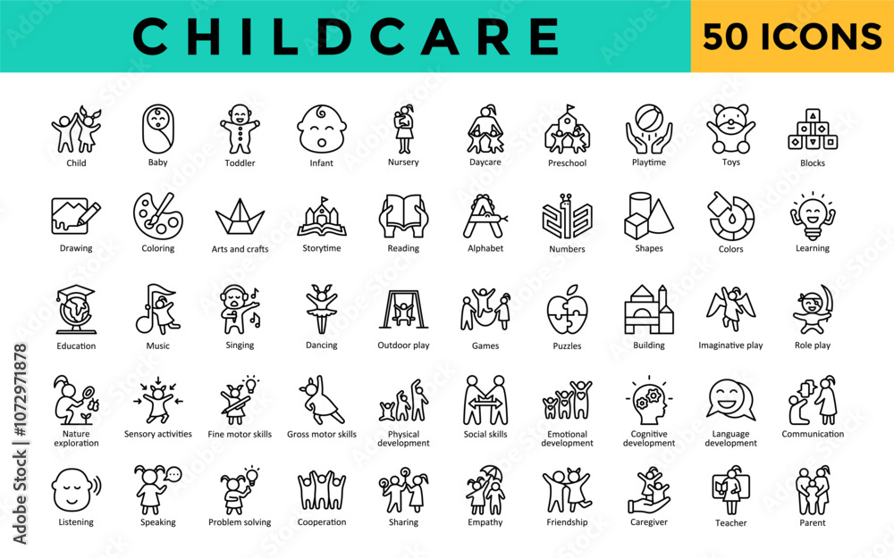 Childcare icons set with child, baby, toddler, infant, nursery, daycare ...