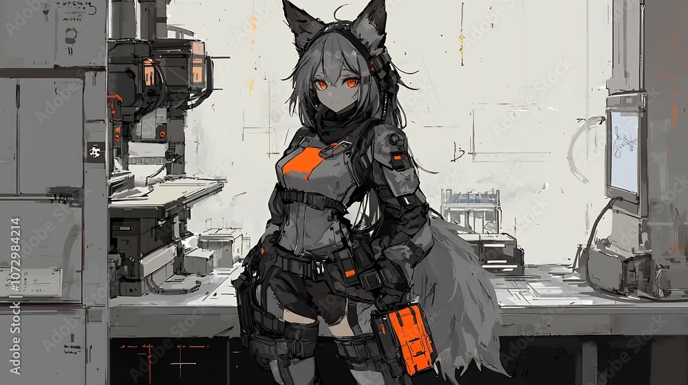 Tactical Fox-Girl Stands Amidst High-Tech Lab Equipment in Sci-Fi Anime ...