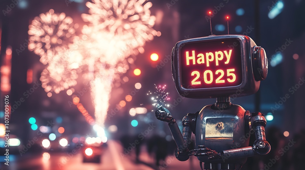 Happy New Year 2025. New AI technology trends in 2025 concept. Machine ...