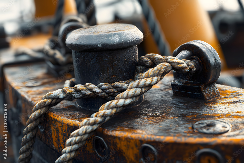 Close-up shot of a rusty ship bollard and rope, highlighting maritime ...