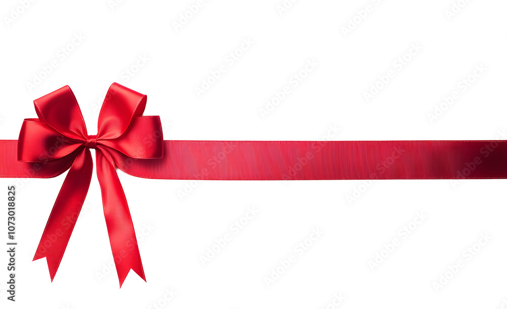A large red ribbon bow on the left of a long straight piece of ribbon ...