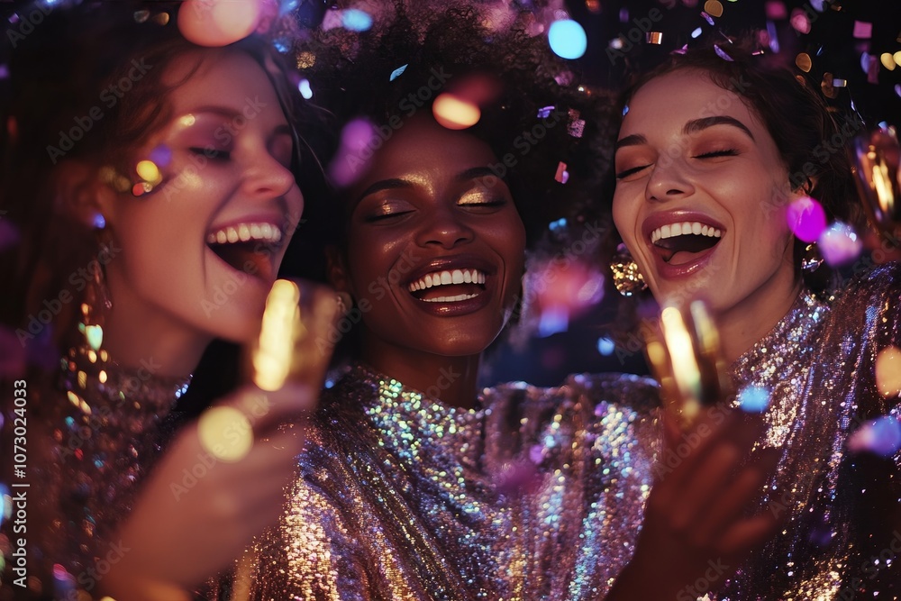 Friends joyfully celebrate the arrival of 2025 with confetti and ...