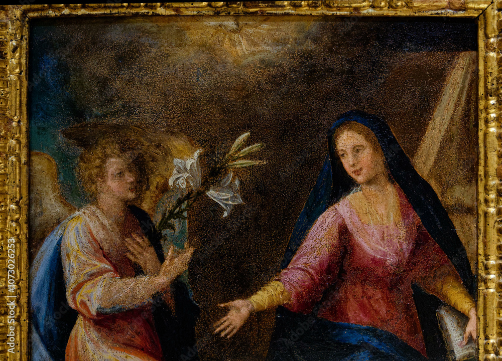Painting (19th century) of Annunciation to the Blessed Virgin Mary by the Archangel Gabriel ...