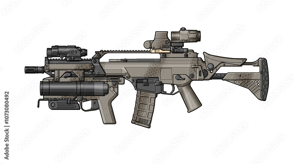 upgraded camo G36 assault rifle with M320 grenade launcher, collimator ...
