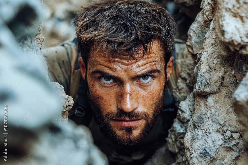 Soldier hiding behind rocks observing enemy positions during military operation Stock Photo ...