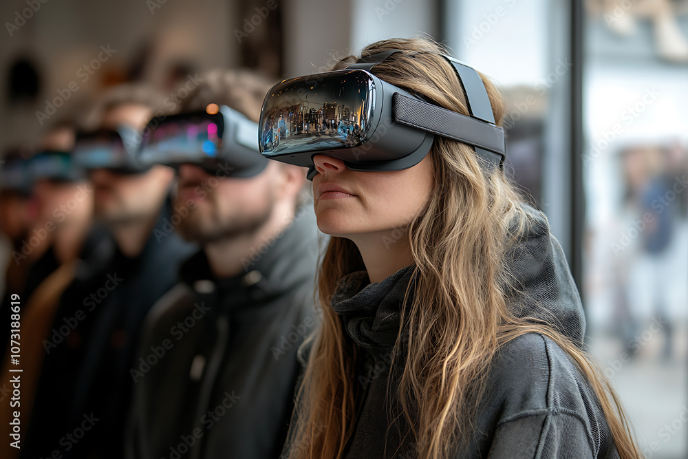 Brainstorming session with a team using augmented reality headsets and virtual tools, set in a ...