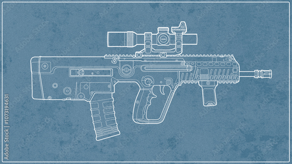 blueprint of side view of upgraded bullpup Israeli x95 assault rifle ...