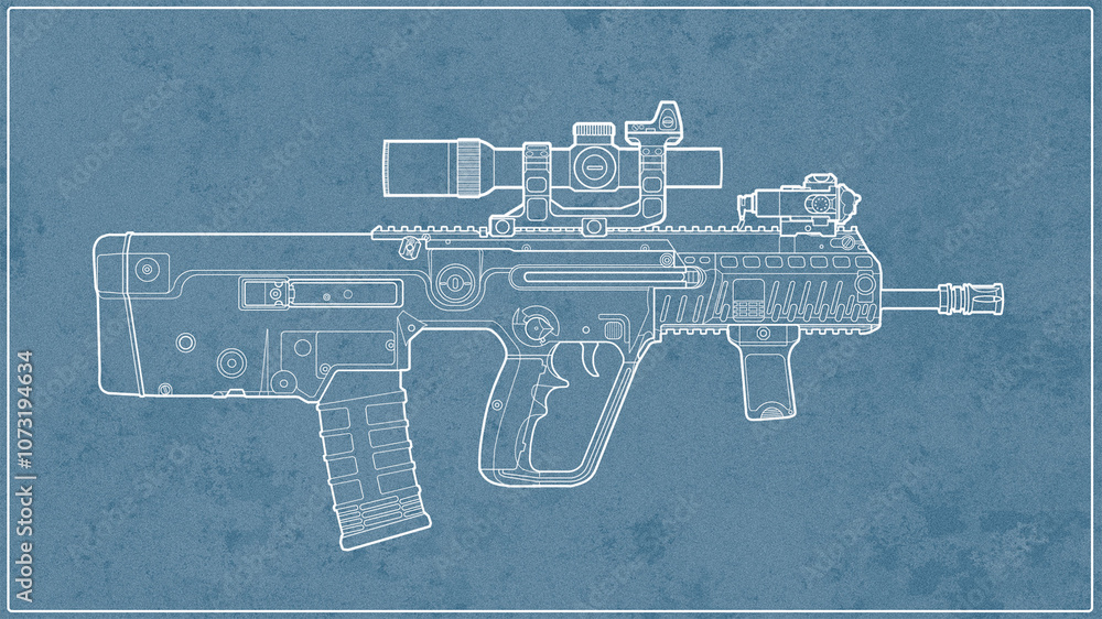 blueprint of side view of upgraded Israeli x95 bullpup assault rifle ...