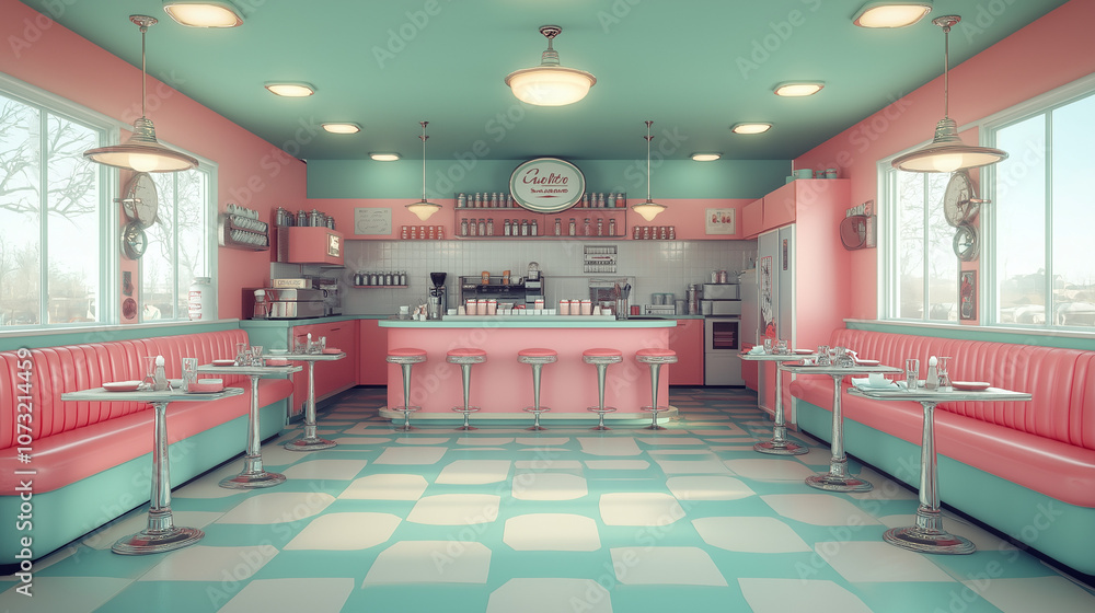 Retro diner interior in pastel pink and blue with vintage furniture and ...