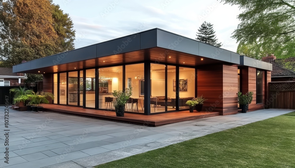 Modern Modular Home Exterior. Contemporary One-Story House Design with ...