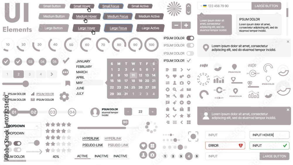 Modern UI kit featuring a collection of essential buttons, icons, and ...