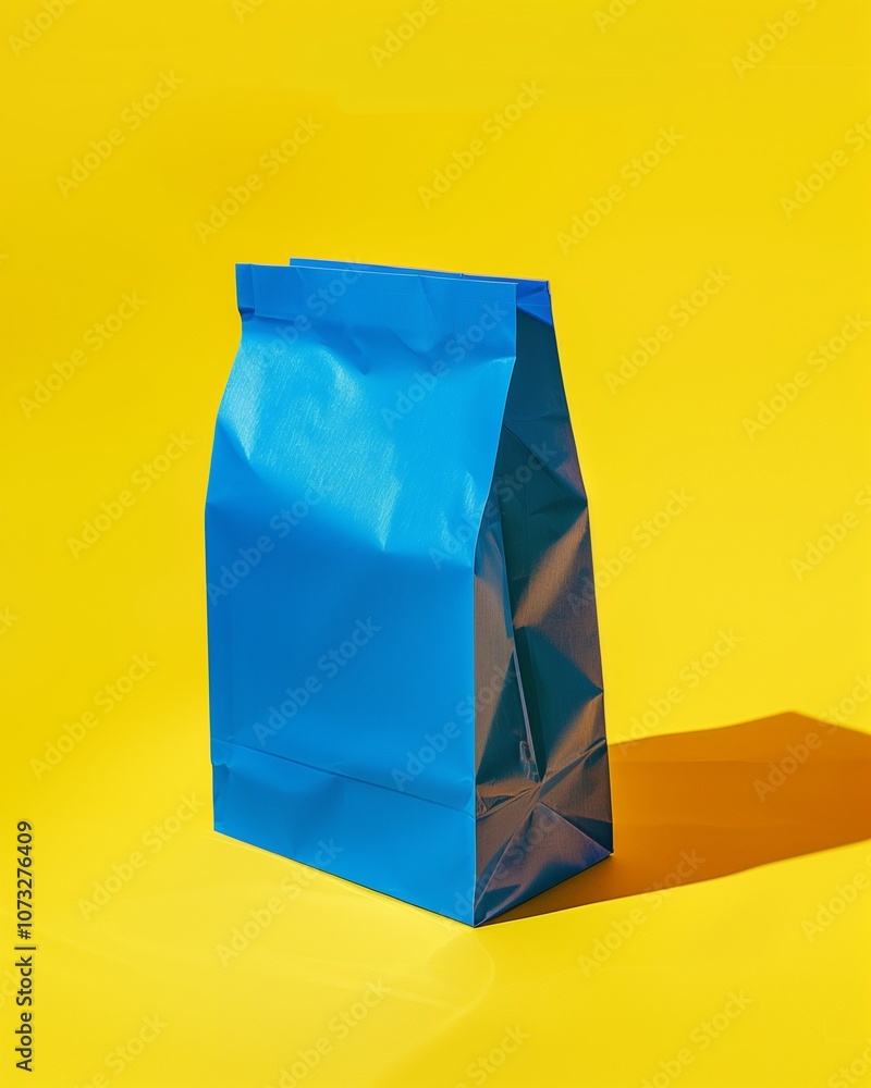 Plain blue paper bag packaging with yellow background. Modern colored ...