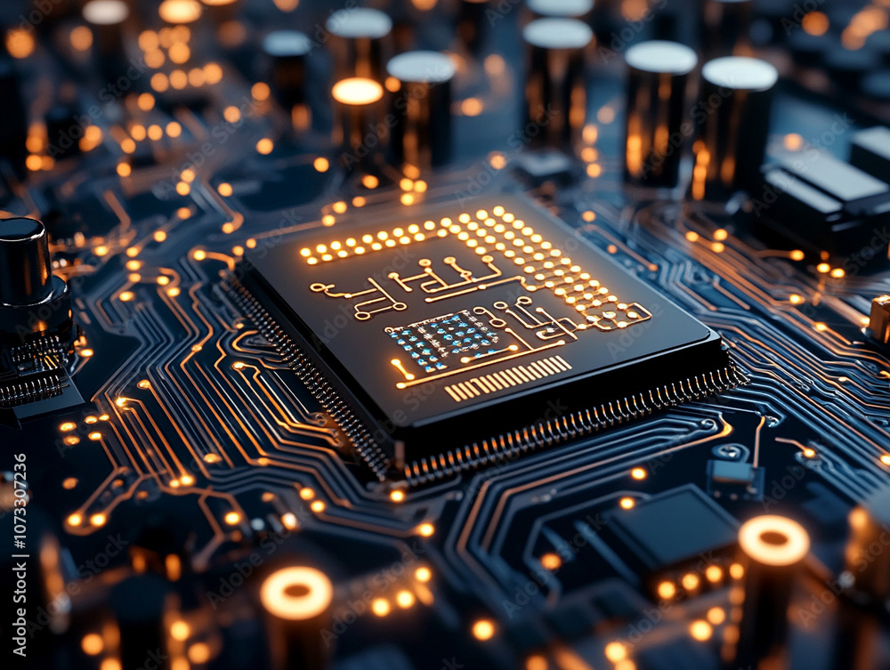 Close-up view of a glowing microchip on a circuit board with intricate details. Stock Photo ...