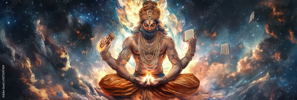 Brahma with Vedas floating around him, cosmic waves of energy emanating ...