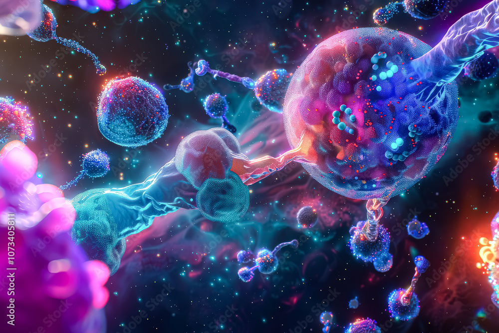 Colorful image of many different colored bacteria and viruses. Scene is ...