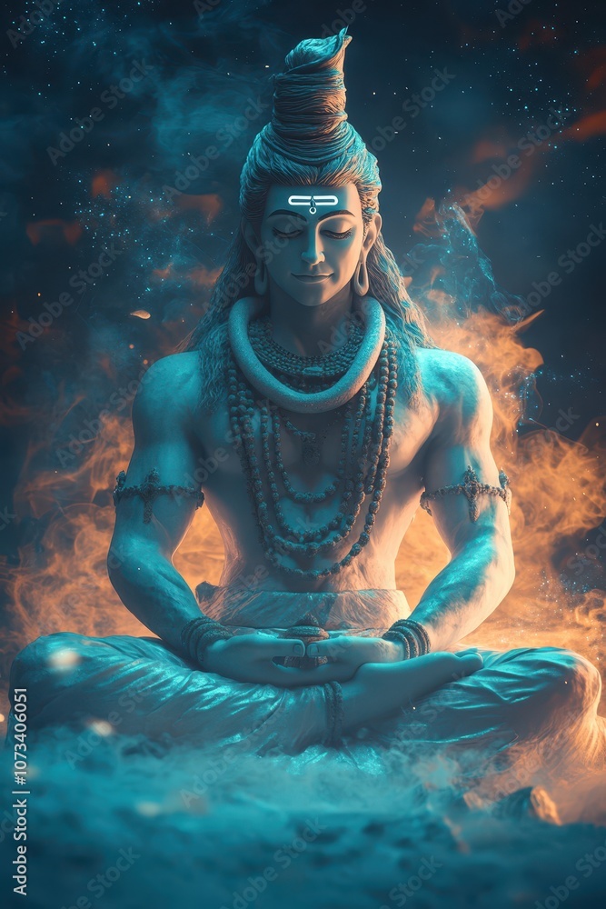 Shiva seated in the lotus position, surrounded by cosmic energy, his ...