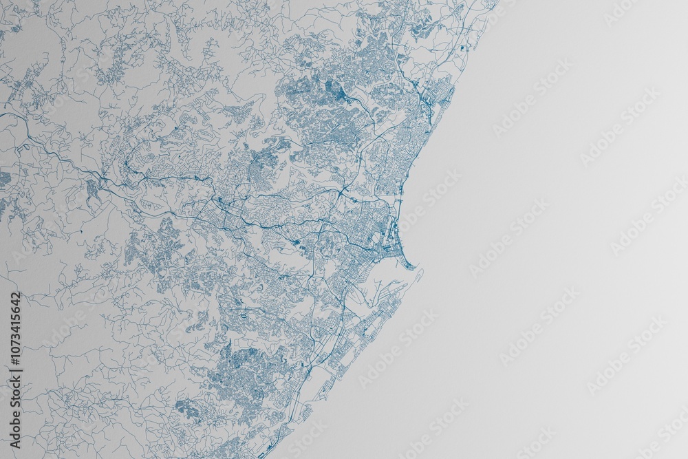 Map of the streets of Durban (South Africa) made with blue lines on ...