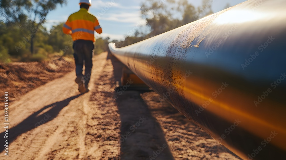 Engineer walking alongside an oil pipeline – Representing industrial ...