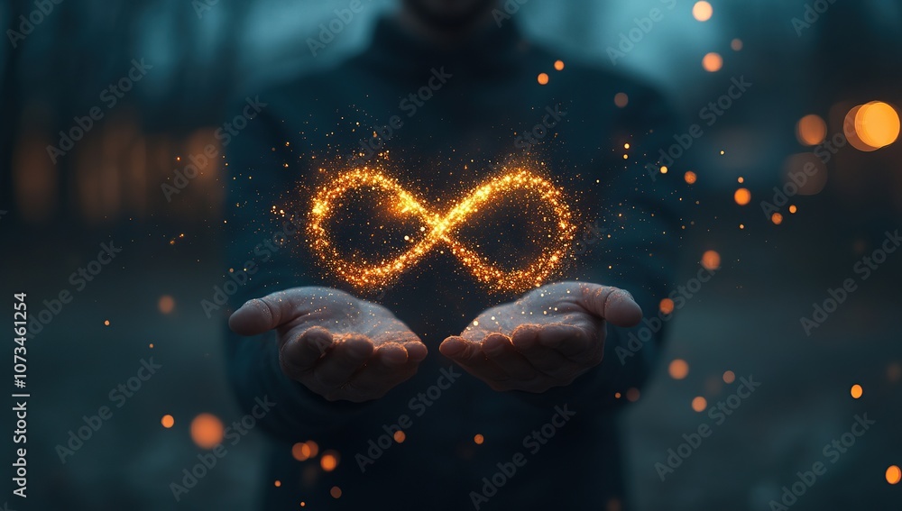 A person holding an infinity symbol made of glowing particles and waves ...