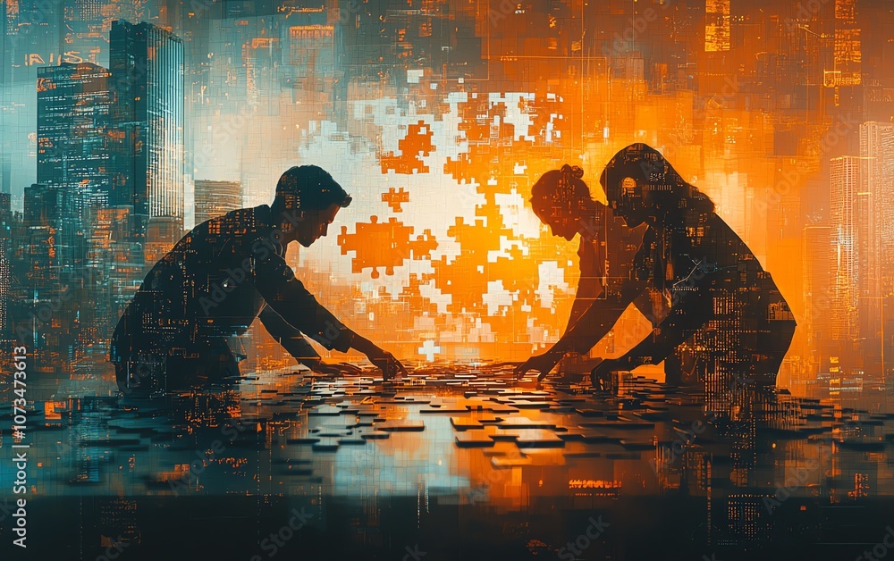 A group of people collaborating to build puzzle pieces, symbolizing ...