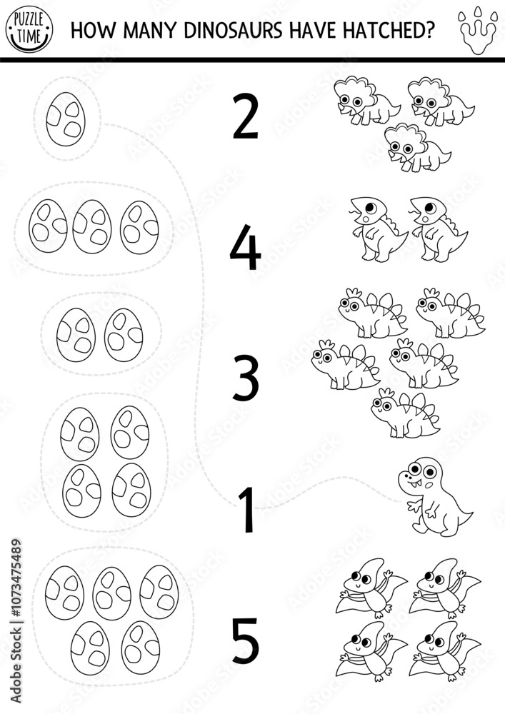 Black and white match the numbers dinosaur game with baby dino, eggs ...