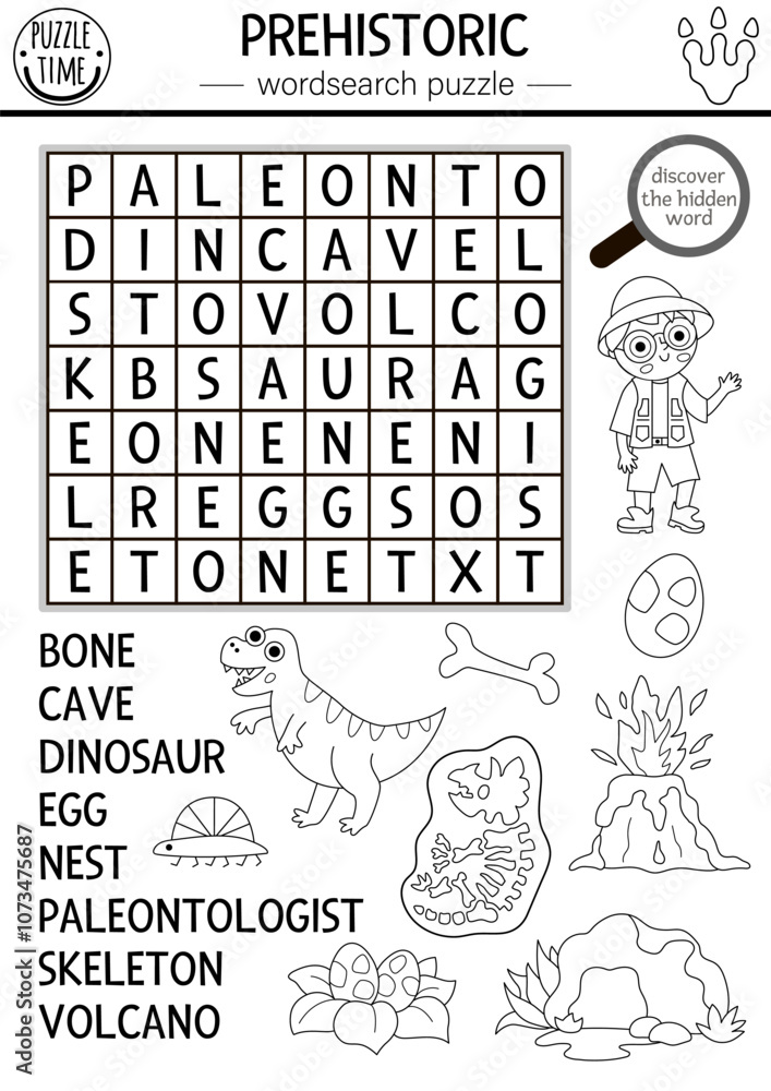 Vector black and white dinosaur wordsearch puzzle for kids. Word search ...