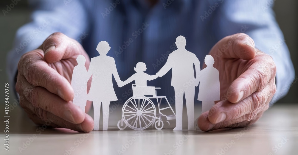 Paper cutout figures of inclusive family in protective hands ...