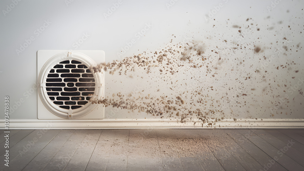 Dust particles blown from a vent in a home interior, highlighting air ...