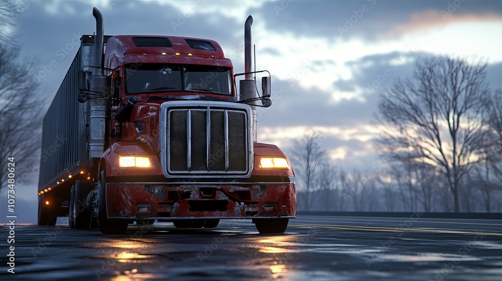 Ilustración de Stock Red broken big rig semi truck with open hood and ...