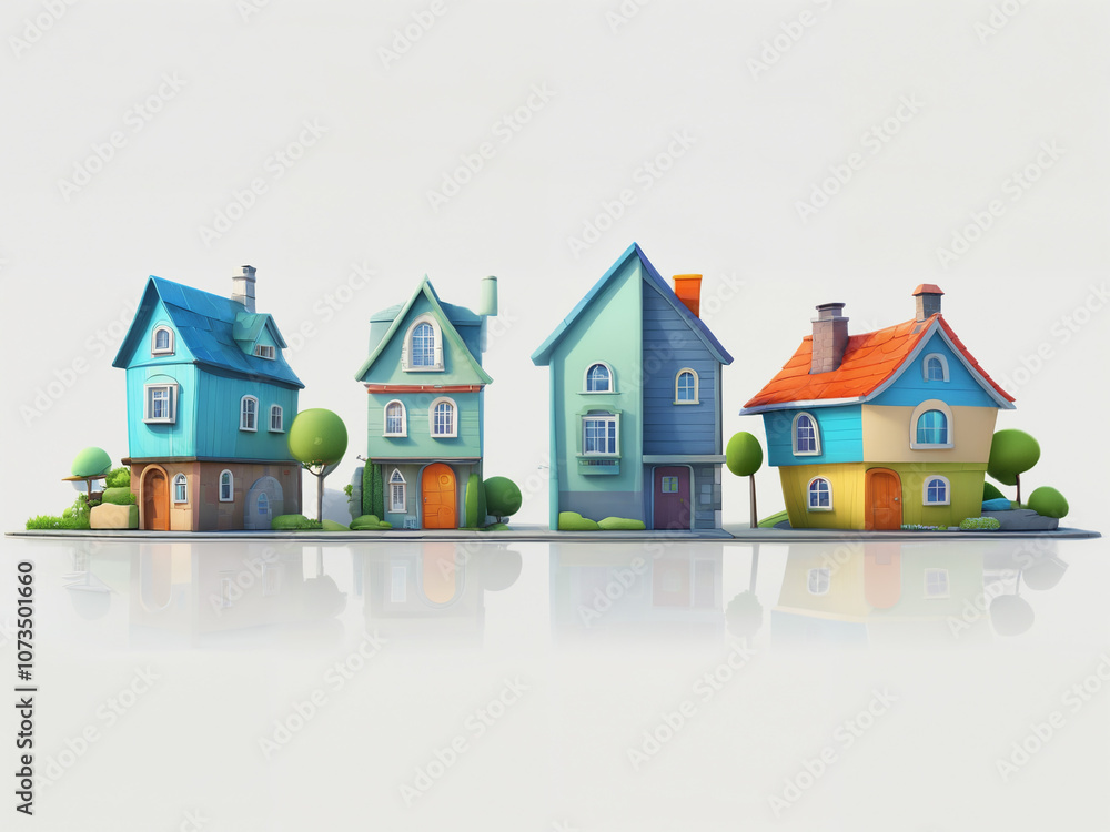 Generated cartoon illustration of line of houses, with isolated white ...