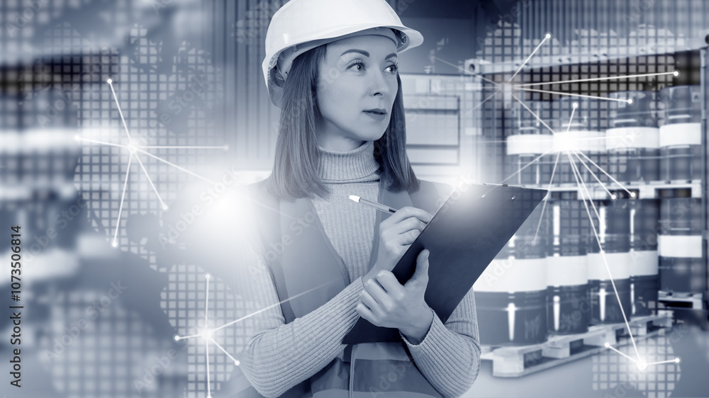 Logistician woman. Oil transportation manager. Logistician girl from fuel company. Sea ...