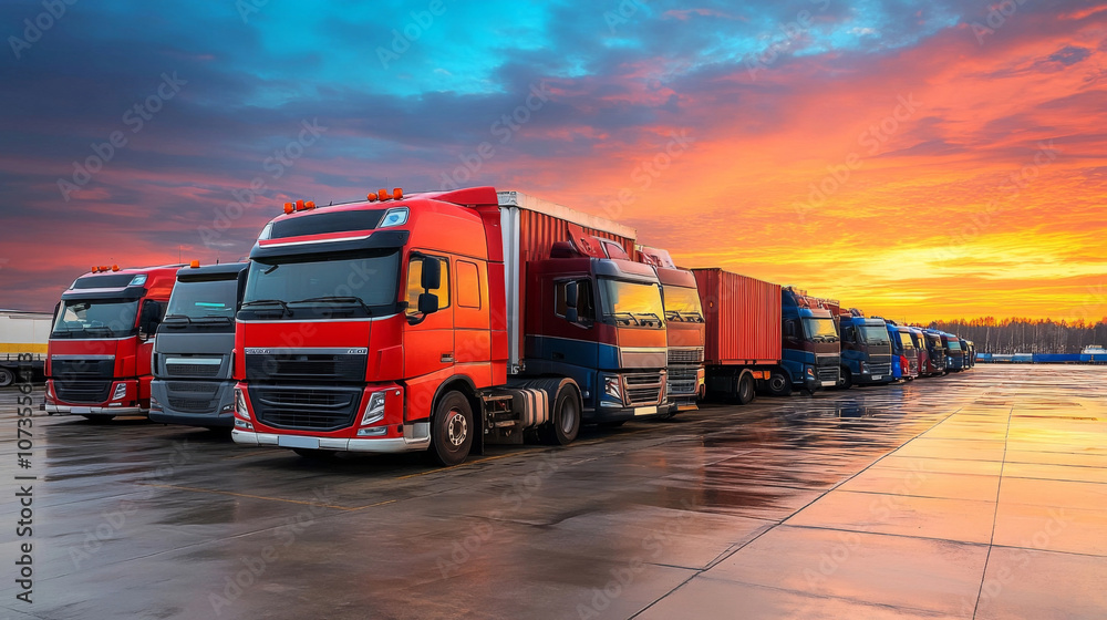 Efficient Container Freight Station with Lined Up Semi-Trucks for ...