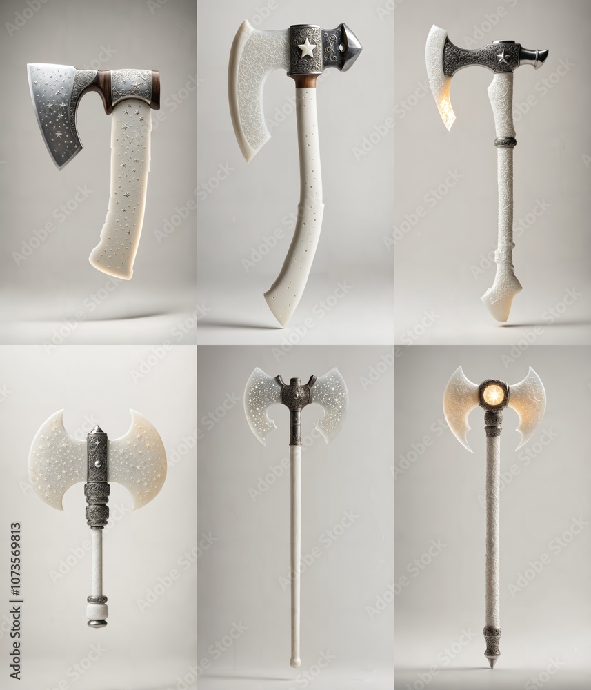 six unique axe handles in a 3x3 grid against a white background ...