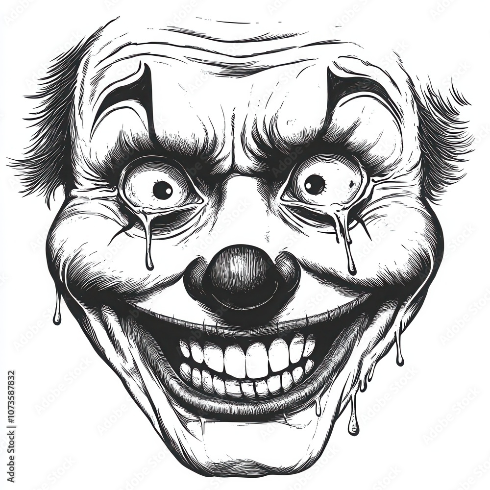 Clown face with a large grin, eyes squinted with tears streaming down ...