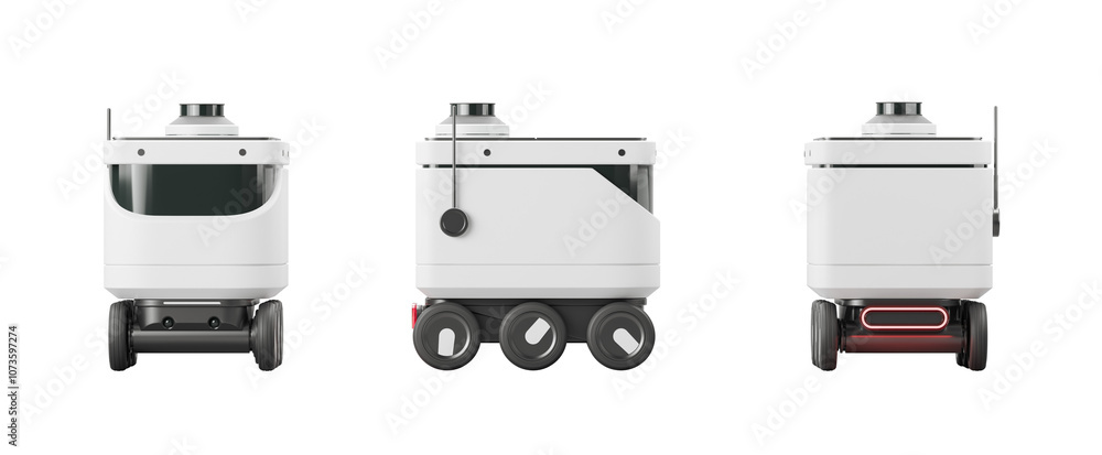 Three autonomous delivery robots shown from different angles on a white ...