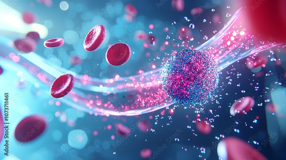 A vibrant, digital illustration showing red blood cells flowing around ...